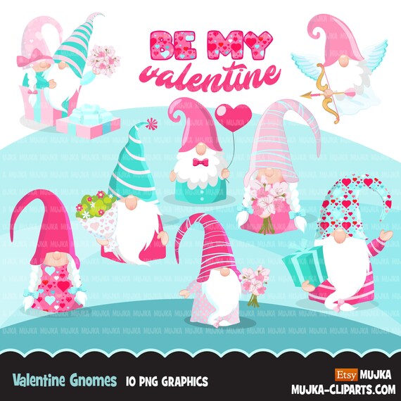 Valentine gnomes Clipart, Be my Valentine Gnome graphics, Valentine's ...
