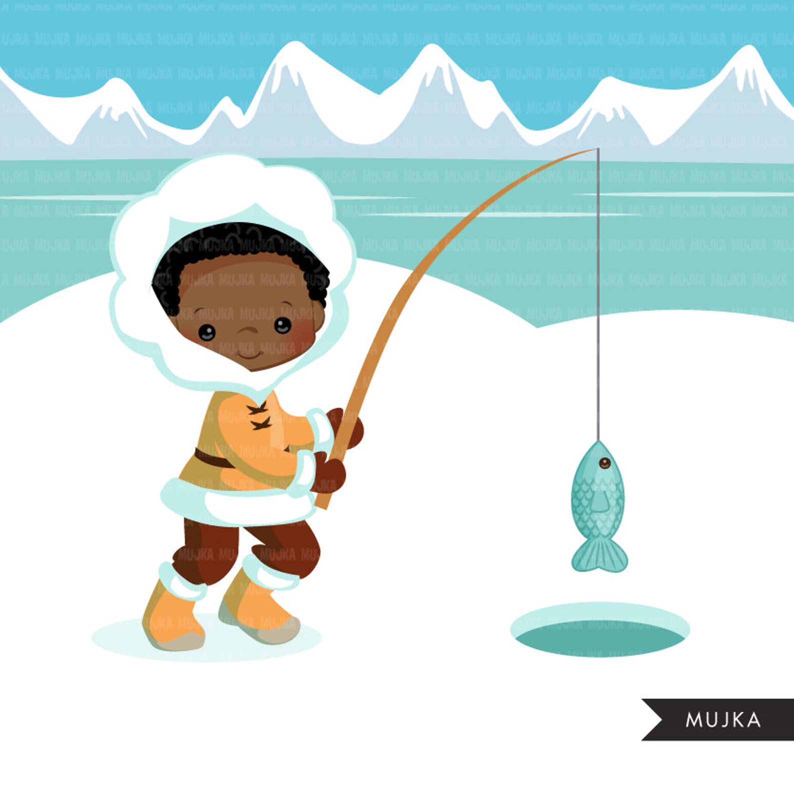 Arctic Eskimo Clipart. Cute Winter Background, Fishing Boys, Arctic ...