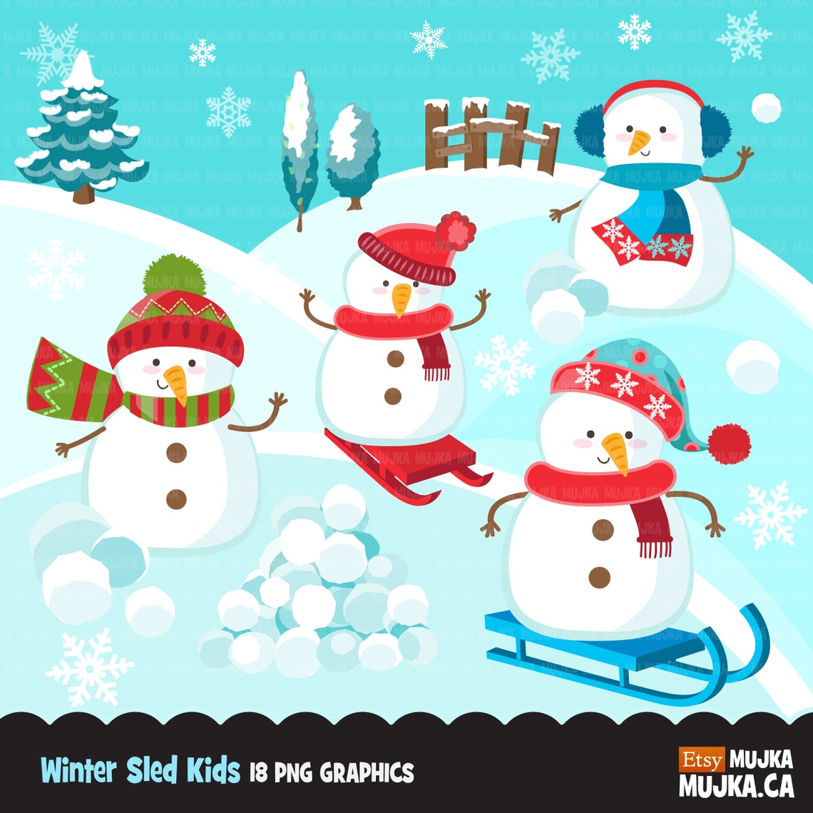 Winter Kids Clipart Bundle, Snow Day, Snowman, Sledding Kids, Winter ...