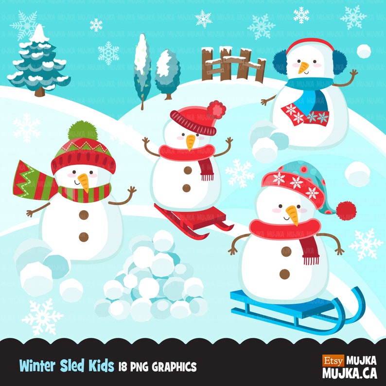 Winter Kids Clipart Bundle, Snow Day, Snowman, Sledding Kids, Winter ...