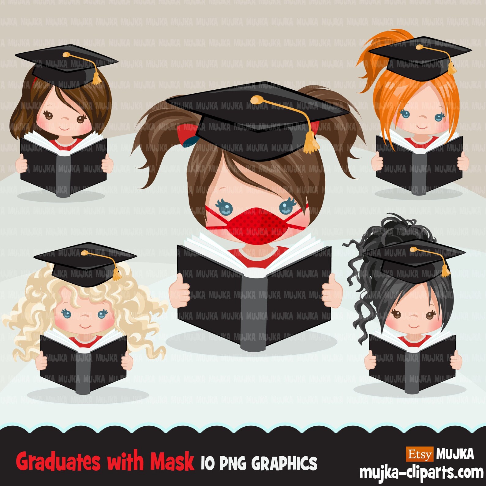 Graduation Clipart Graduate Girls With Book and Mask School - Etsy