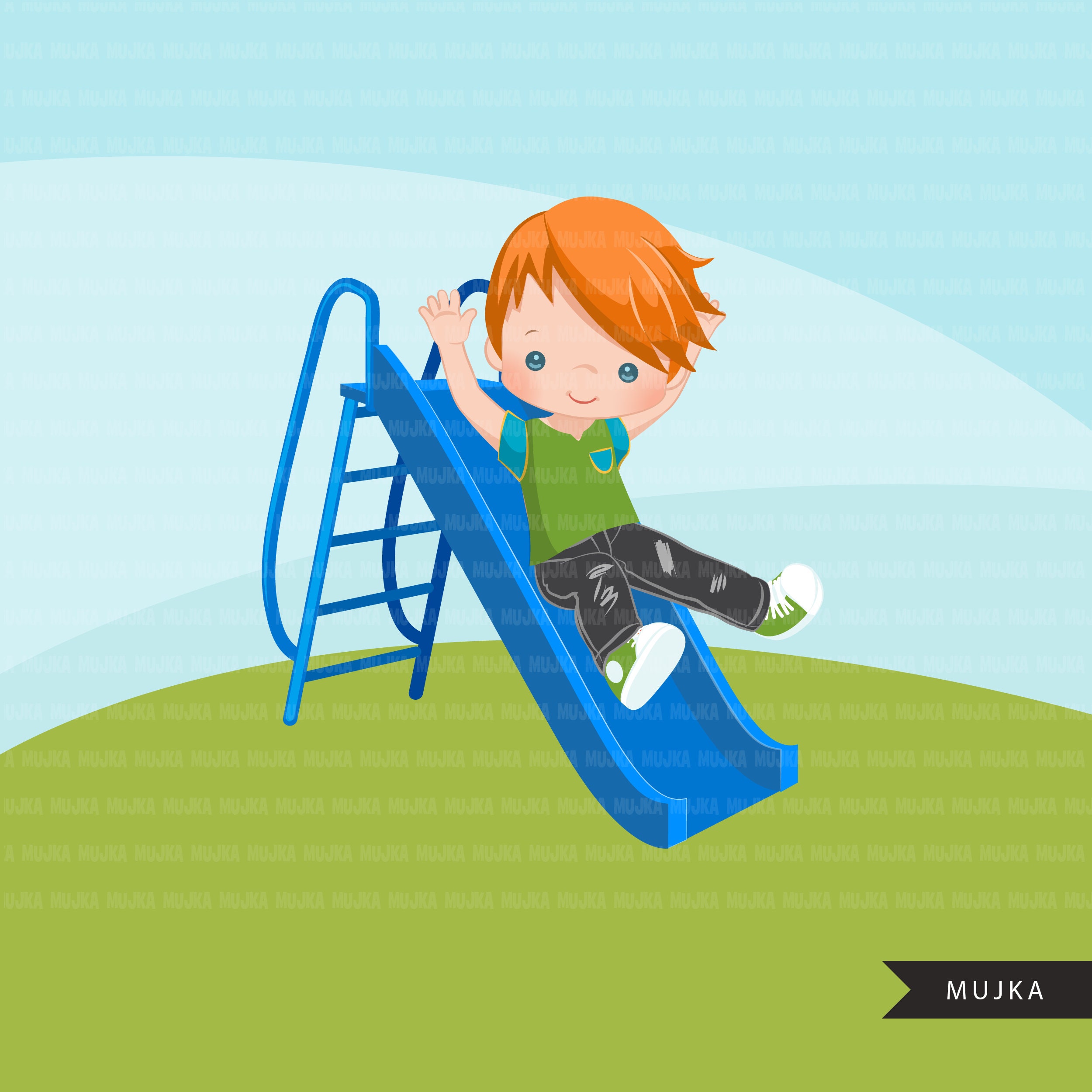 Playground Clipart boy on slide outdoors park slide | Etsy