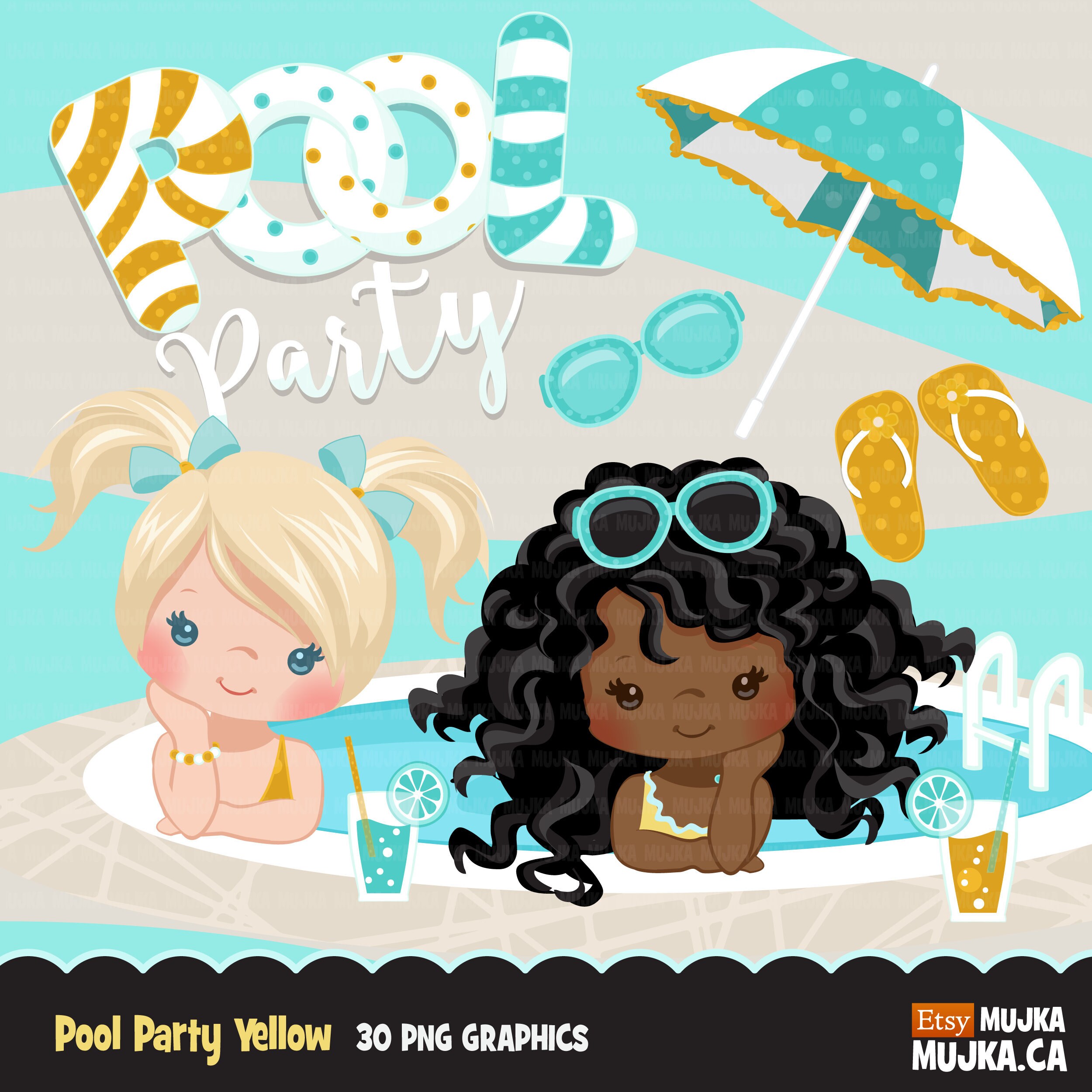 Pool Party Clipart for Girls. Little Girls With Pool Party - Etsy