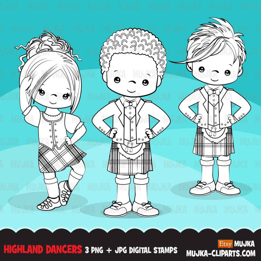 Highland Dancers Digital Stamps, Cute Scottish Dancers With Kiltie ...