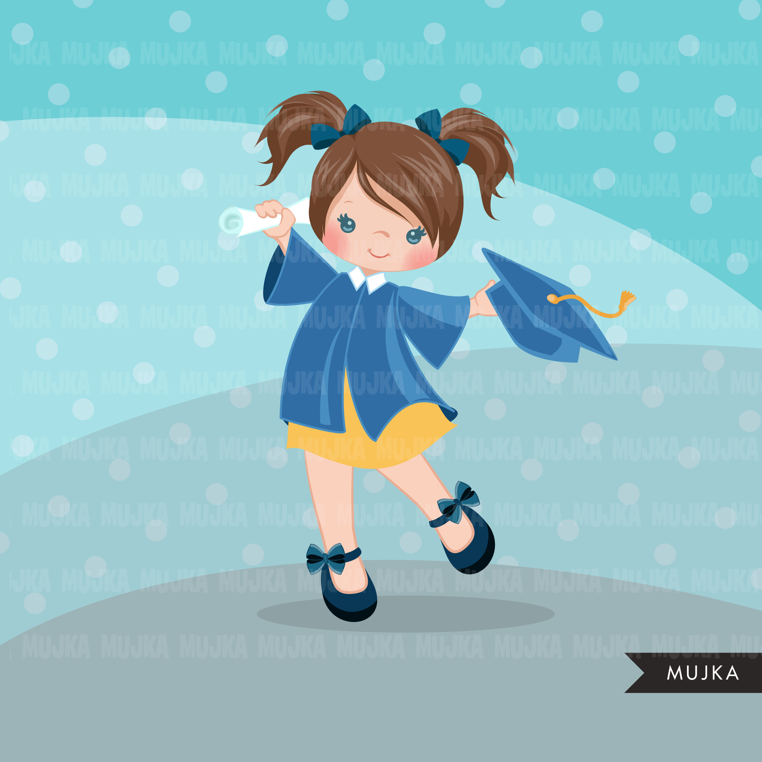 Graduation Clipart, Graduate Girls With Blue Gown, Cape and Scroll ...