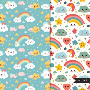Cute Rainbow Digital Papers, Kawaii Baby Seamless Background, Nursery ...