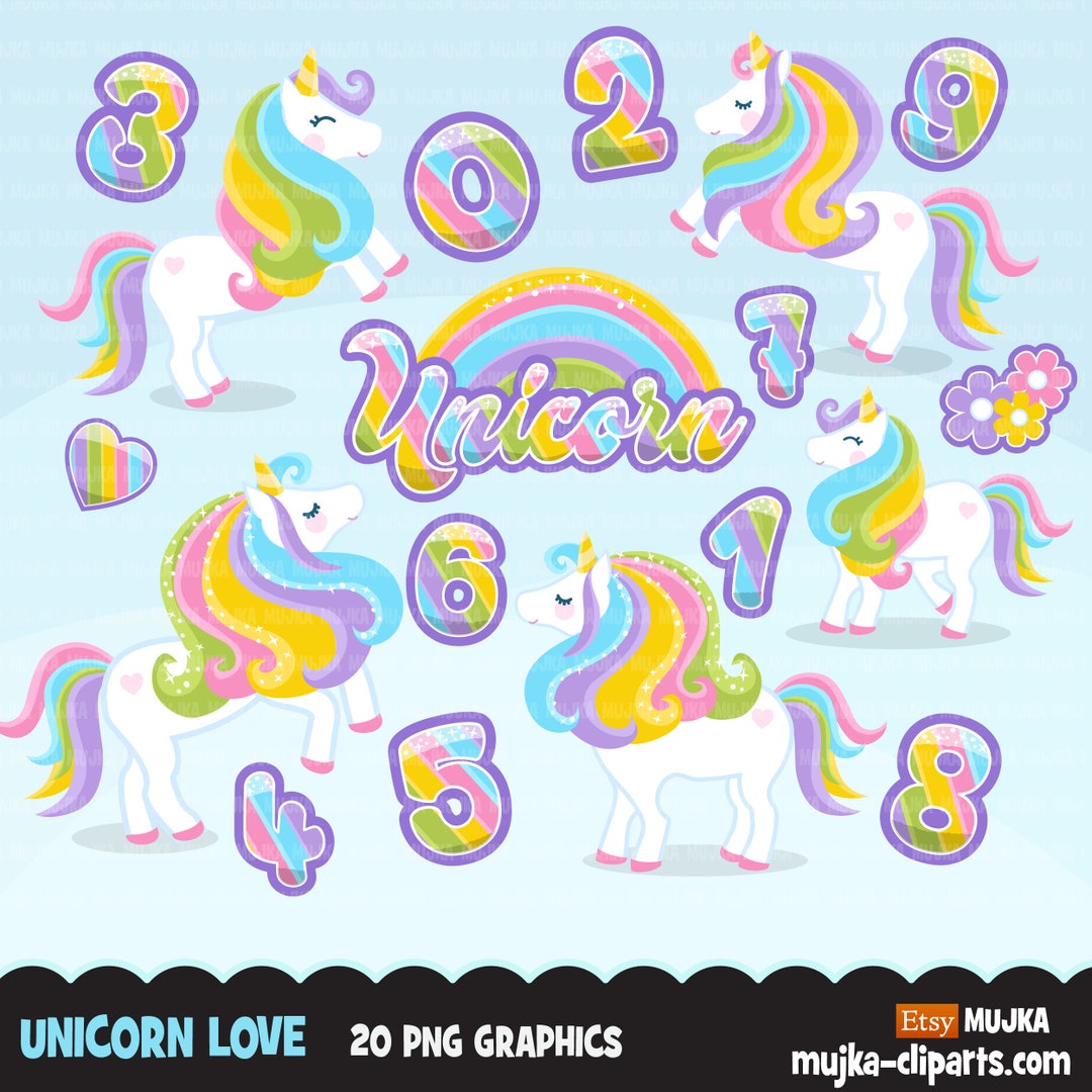 Unicorn Numbers Clipart Rainbow Unicorns With Birthday Numbers. Summer ...