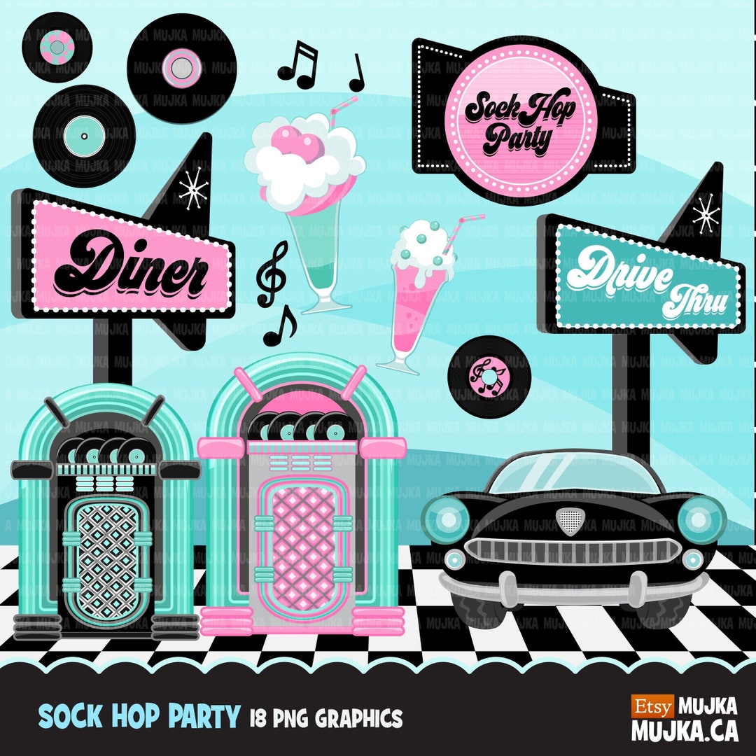 Sock Hop Party Clipart. 50's Retro Diner, Jukebox, Cadillac, Diner Sign ...