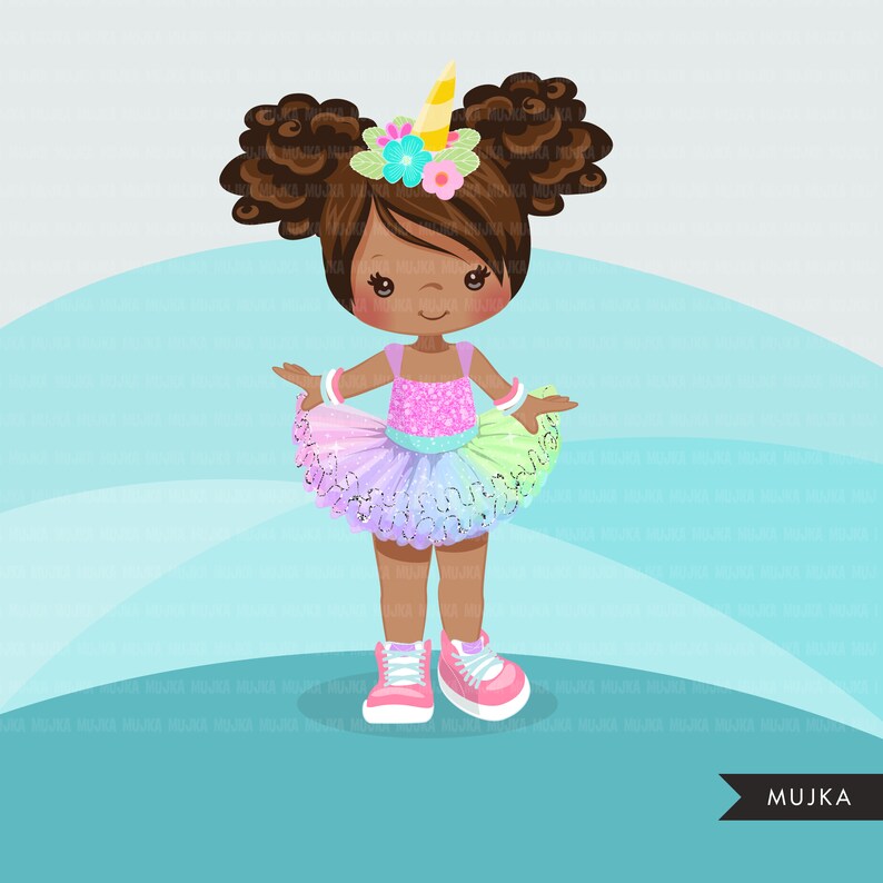 Rainbow Unicorn Tutu Clipart for black kids. Girl with cute | Etsy