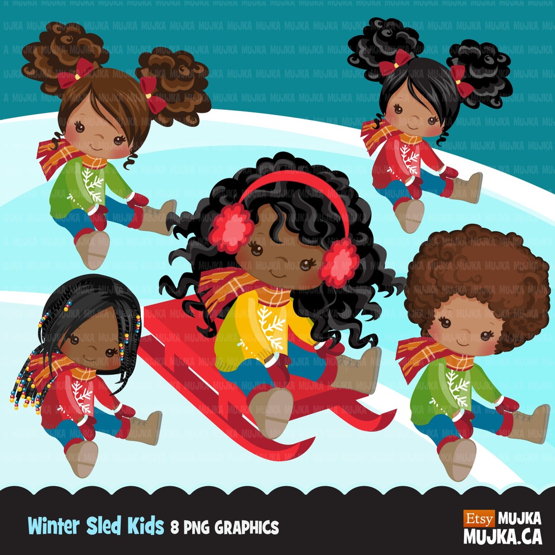 Winter Sled Snow Kids Clipart, Black Girls Sledding, Tobogganing ...
