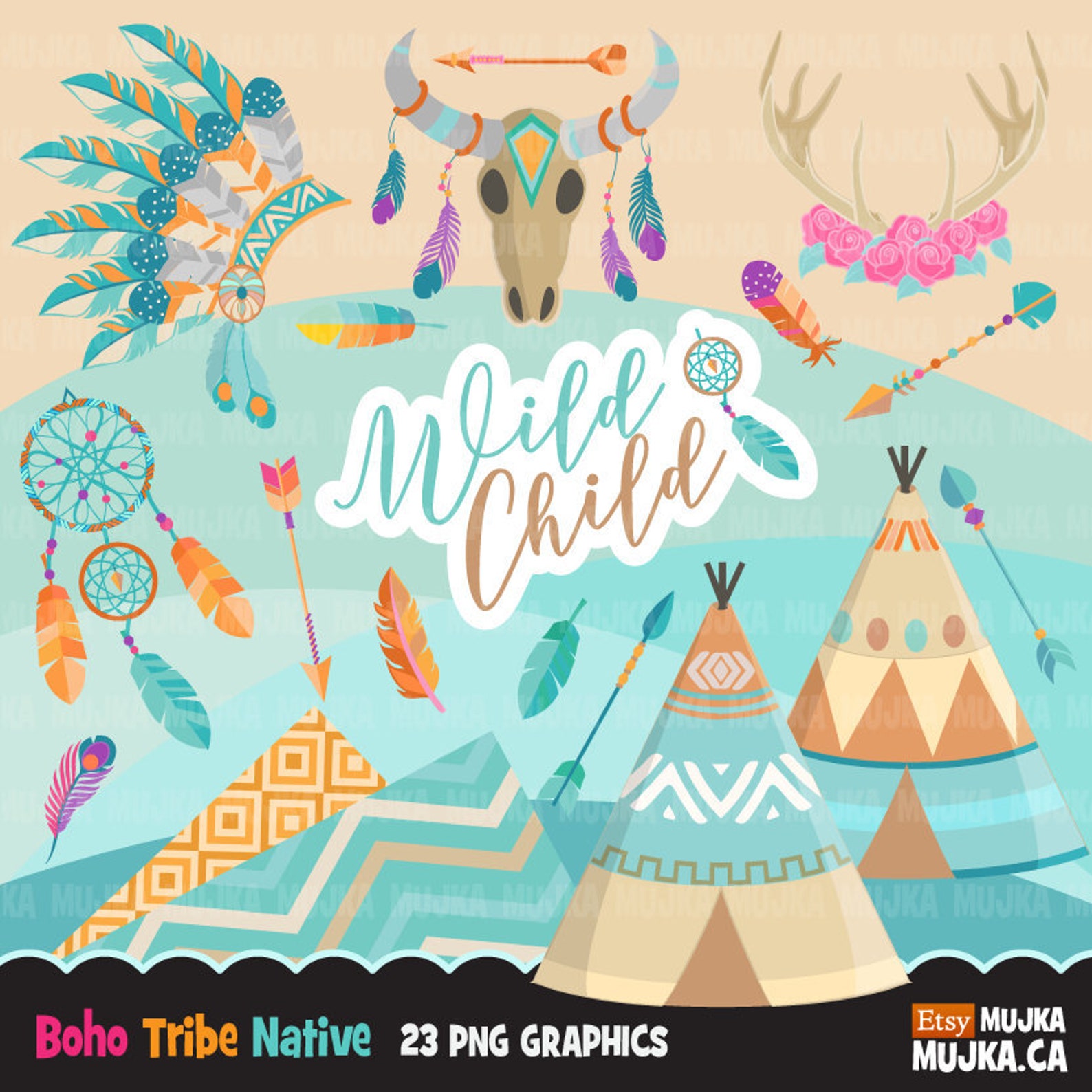 Bohemian Tribal Clipart Boho Chic Native Feathers Arrows - Etsy