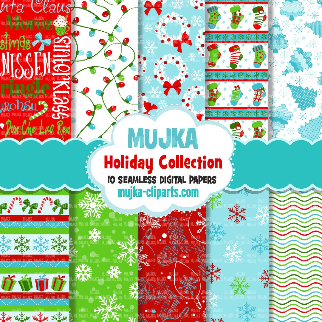 Christmas Digital Papers, Red Green Blue Christmas Papers, Christmas ...