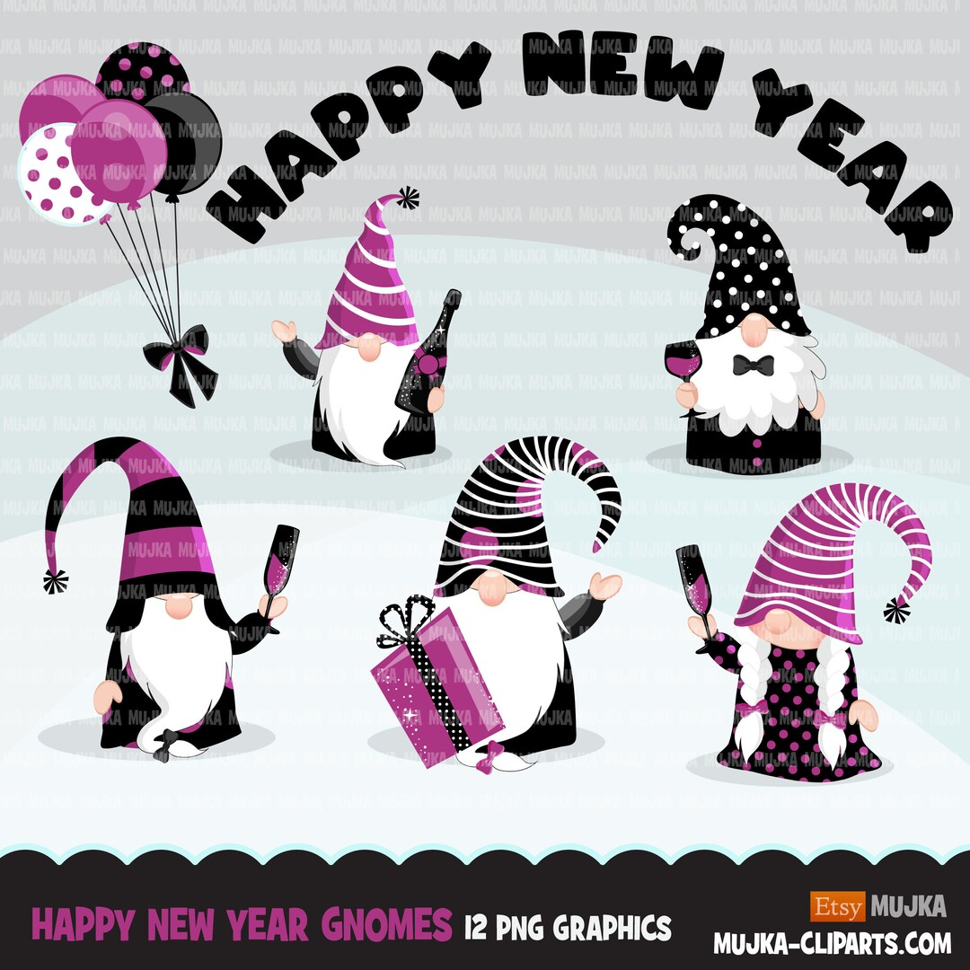 Gnome Clipart, Happy New Year Graphics, Celebrating Gnomes, Balloons ...
