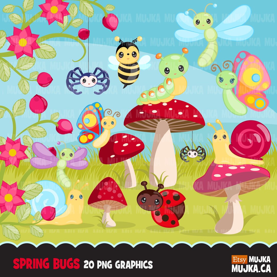 Spring Bugs Clipart. Cute Butterfly, Caterpillar, Ladybug, Bumblebee ...
