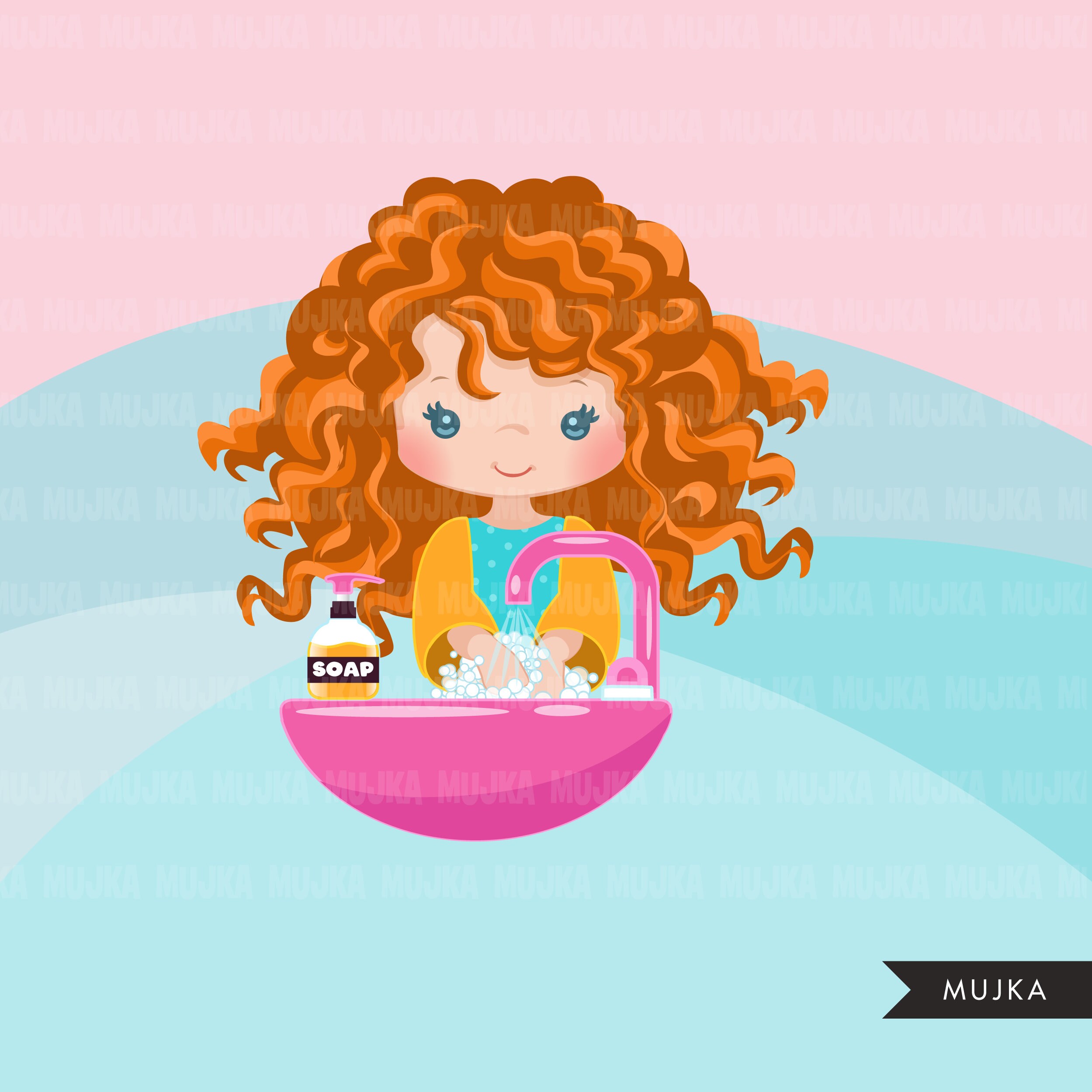Bathroom Chores Clipart Little Girls Washing Hands Hygiene - Etsy