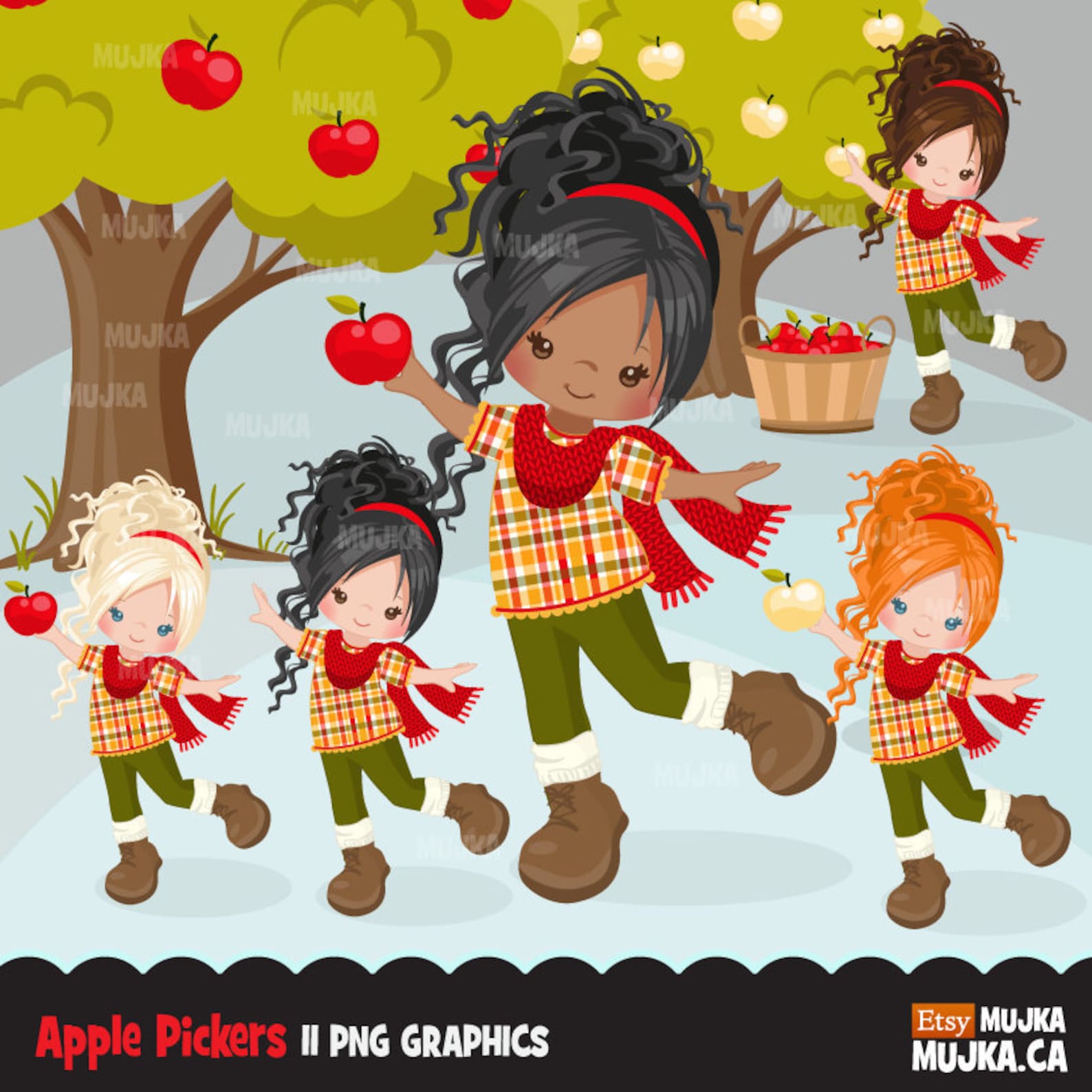 Fall Apple Pickers Clipart, Cute Characters, Black, , Activity, Autumn ...