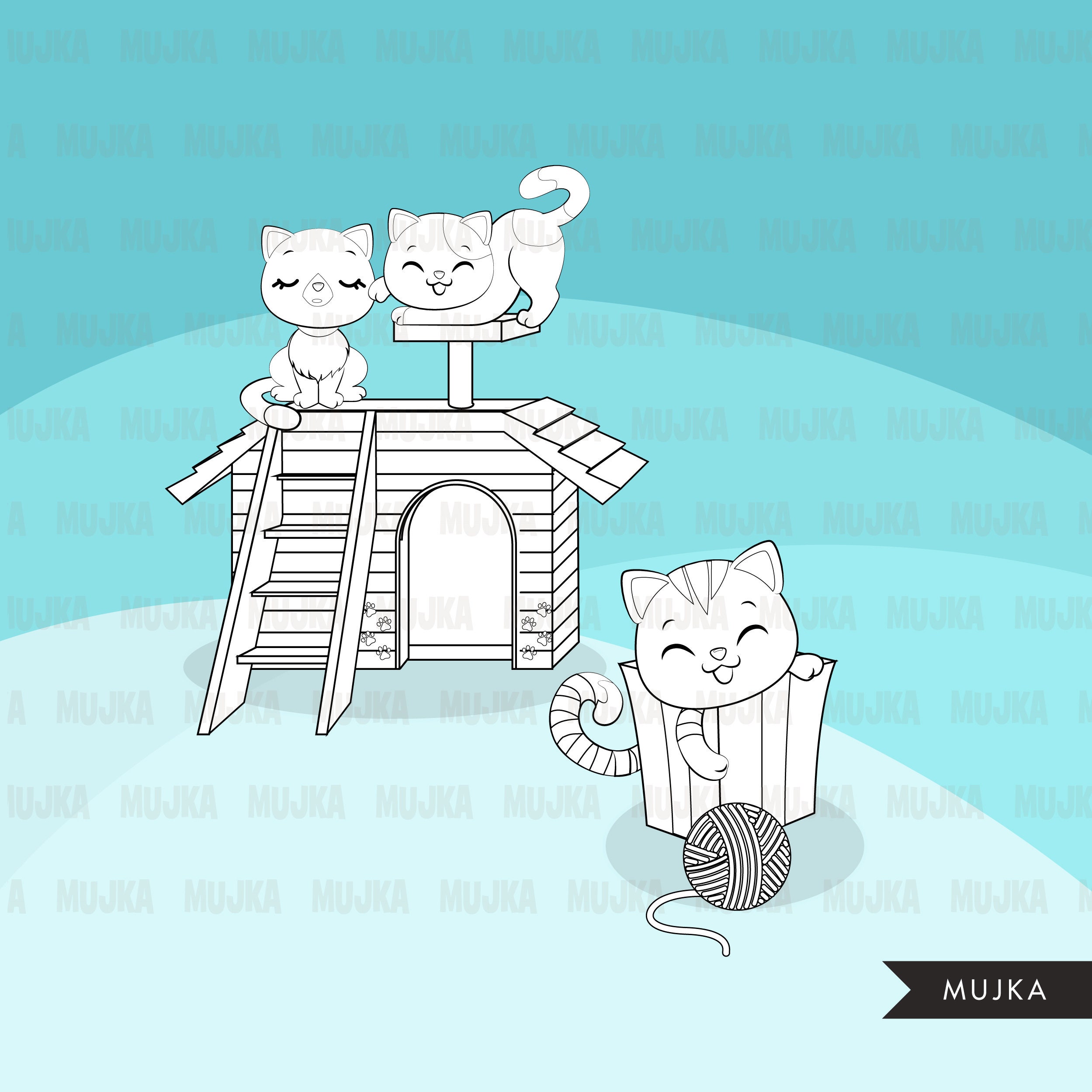 Kittens, Cats Digital Stamps. Cute Graphics, Yarn, Fish Bone, Bowl ...