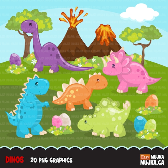 Dinosaur clipart. Cute baby dino graphics, cookie design, volcano ...