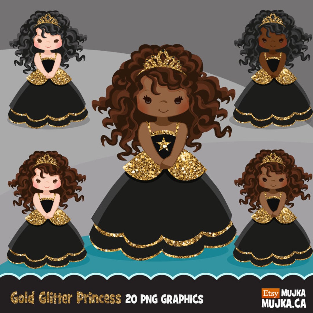 Gold Glitter Princess Clipart, Black Princess Graphics, Scrapbooking ...
