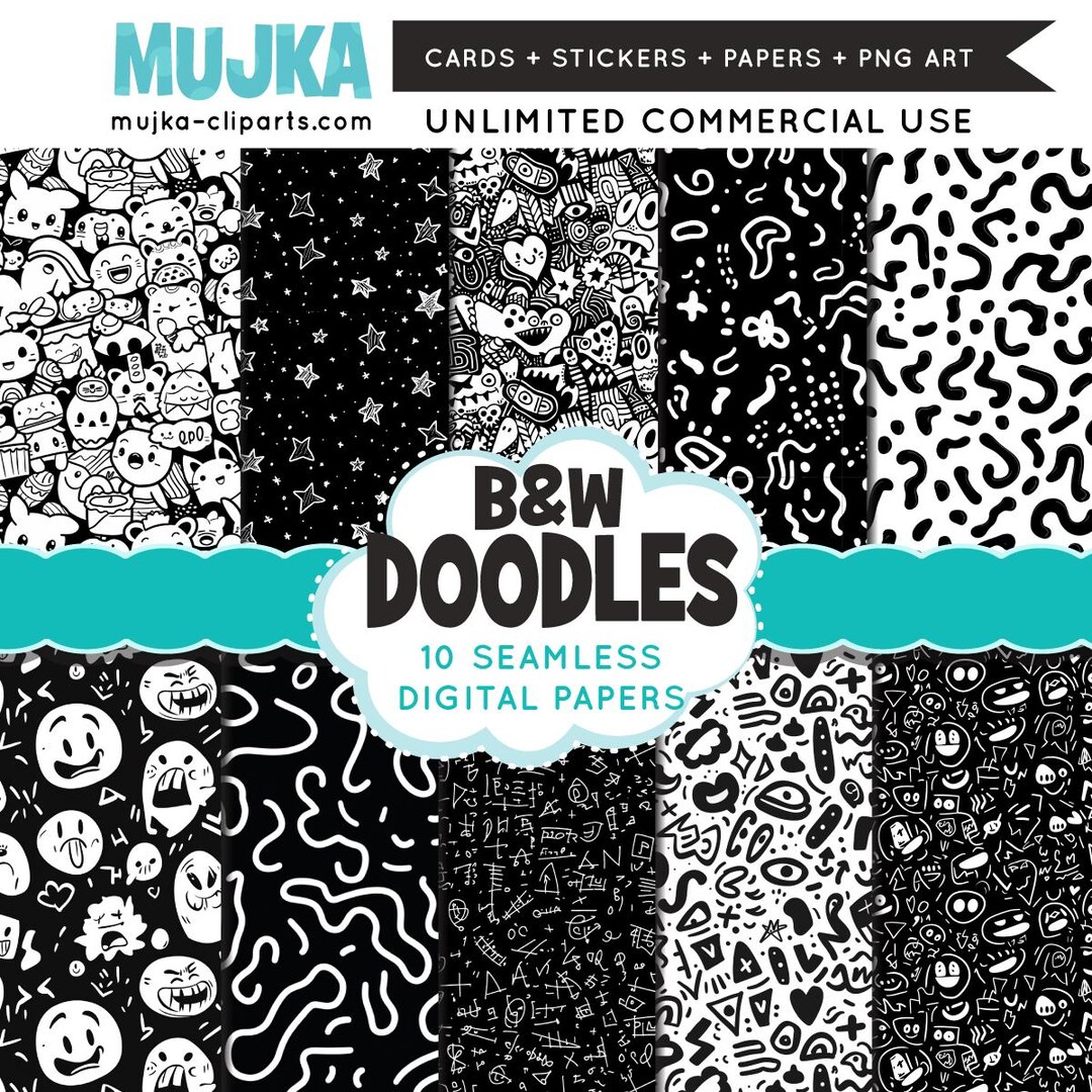 Doodle Digital Papers Background, Minimalistic Digital Paper, B&W ...