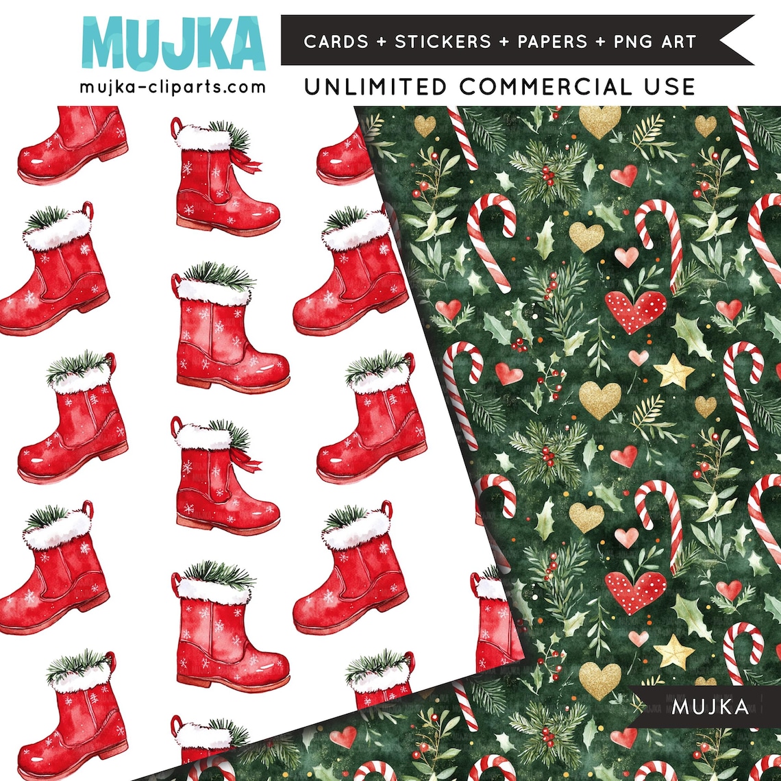 Christmas Digital Papers, Red and Green Christmas Backgrounds, Santa ...