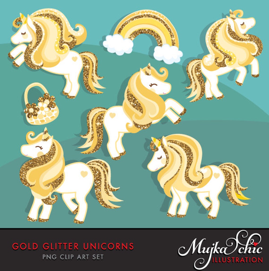 Gold Glitter Unicorn Clipart. Summer Graphics Party | Etsy