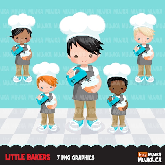 Baking Clipart, Cute baker boy characters, kitchen chores, baking party ...