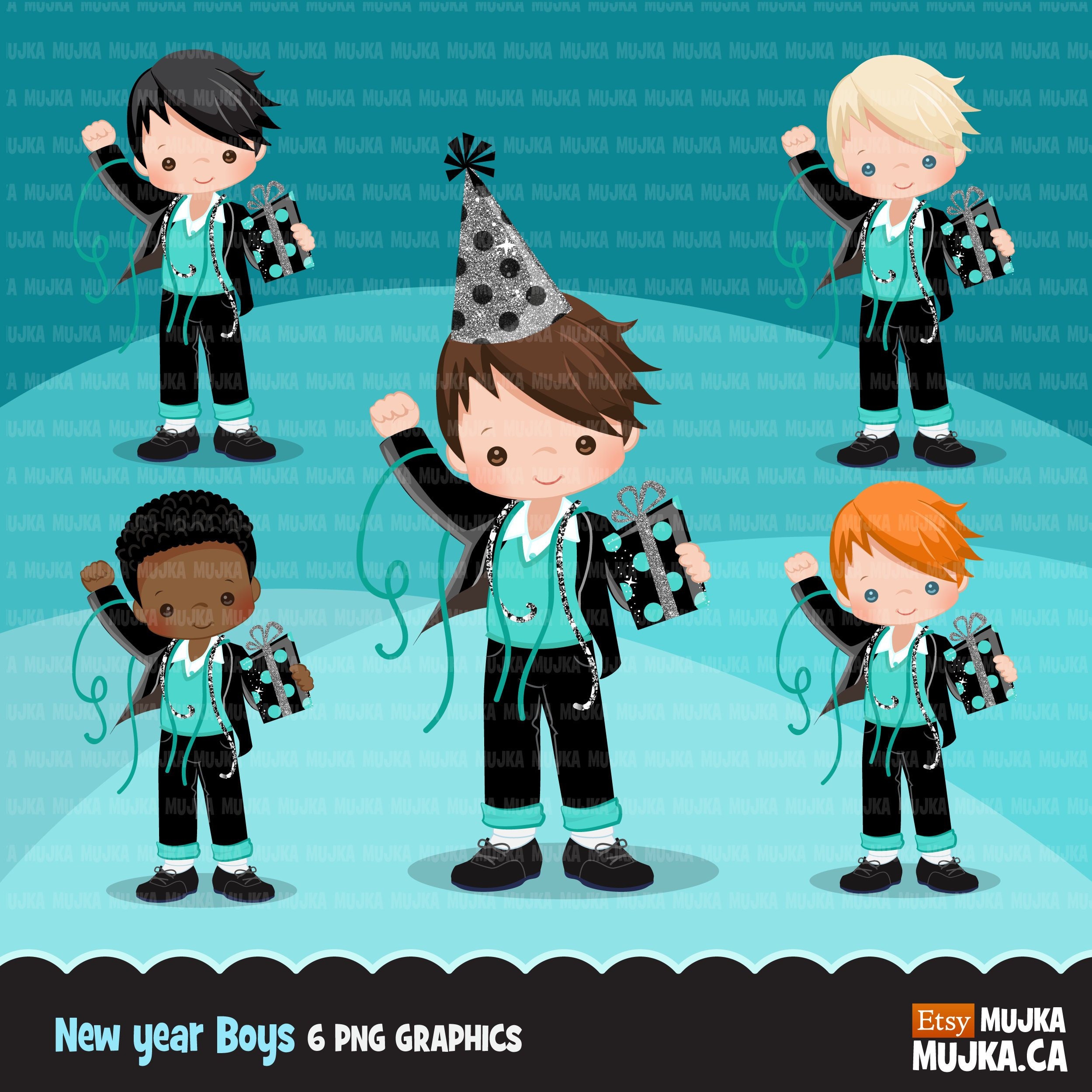 New Year Clipart. Glitter Silver Teal Celebration Graphics. Kids New ...