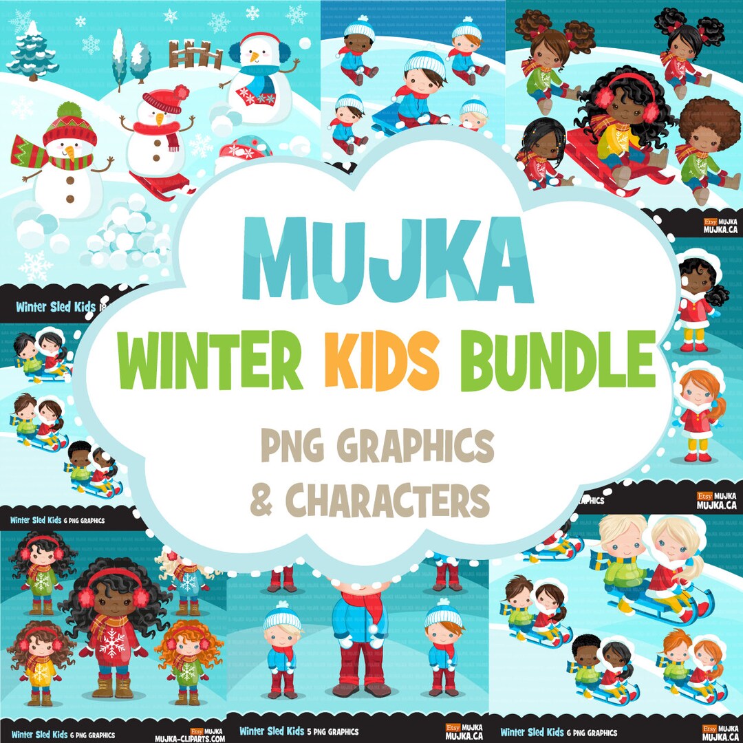 Winter Kids Clipart Bundle, Snow Day, Snowman, Sledding Kids, Winter ...