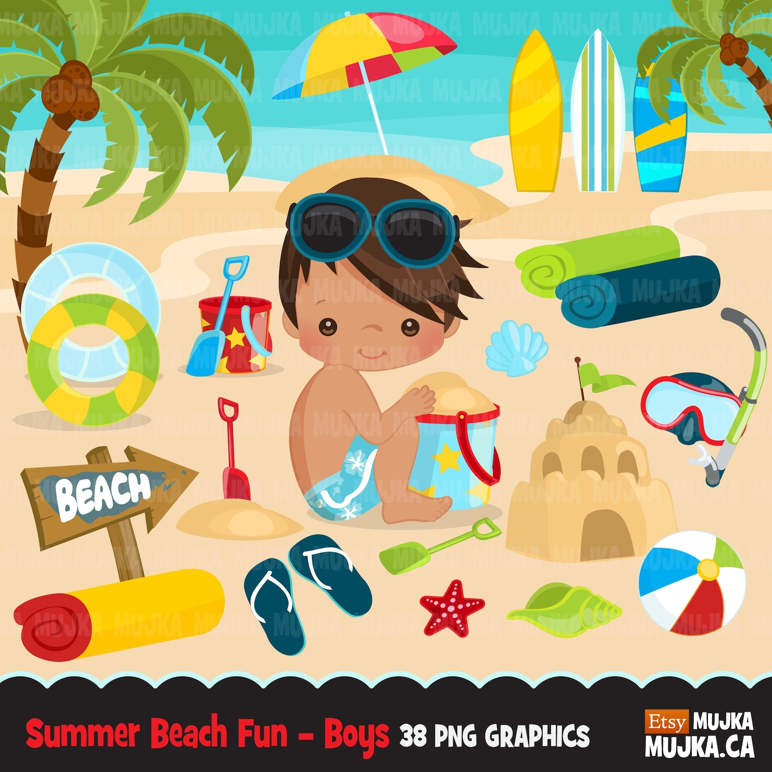 Beach Fun Clipart for Boys, Summer Cliparts. Beach, Swimming Boy ...