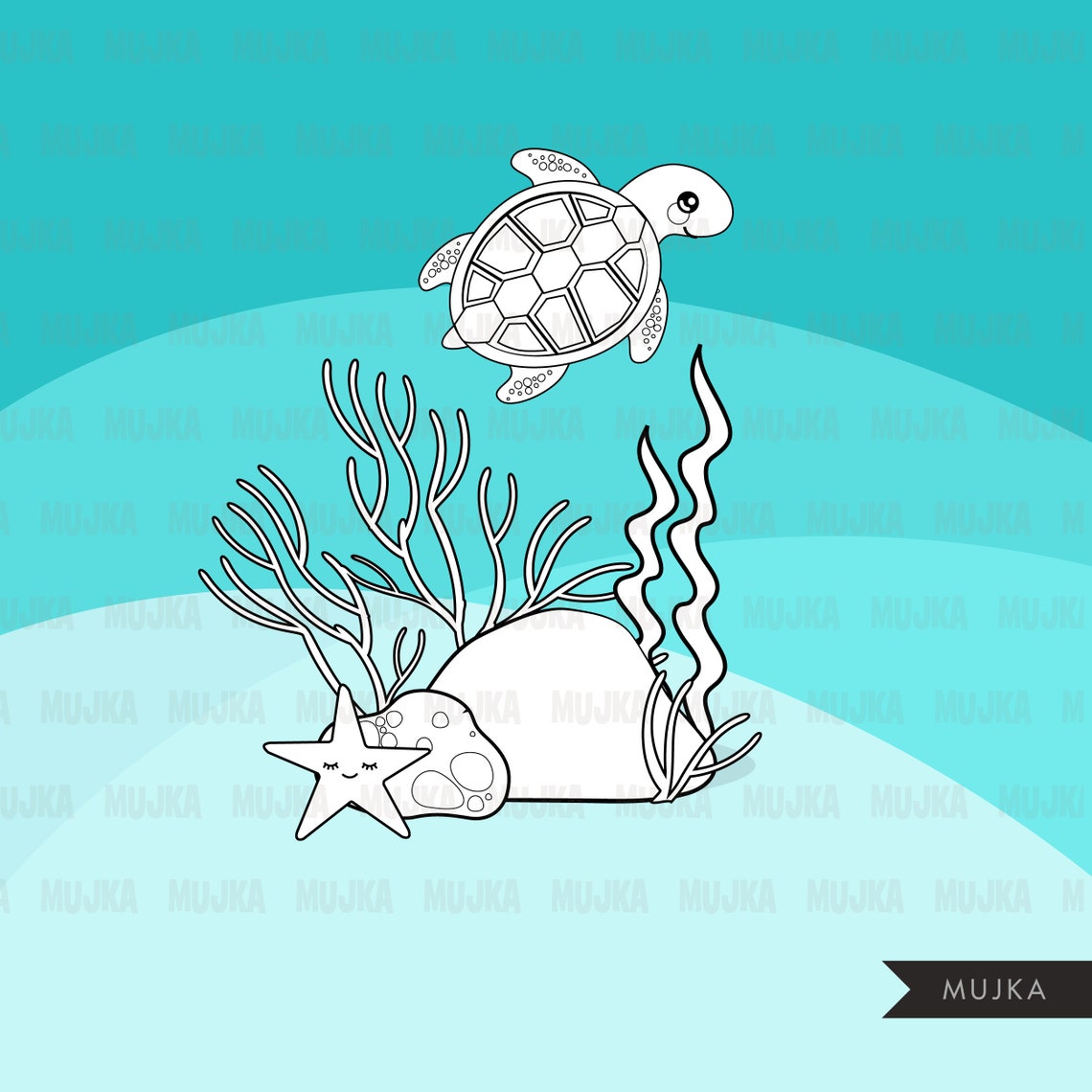 Undersea Digital Stamps, Black & White Marine Graphics, Mermaid Coral ...