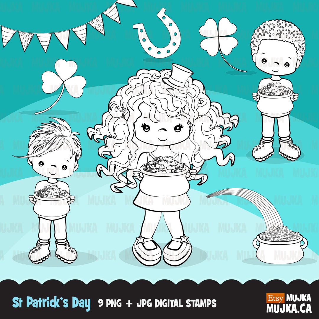 St Patrick's Day Digital Stamps, Lucky Irish Clip Art, Pot of Gold, 4 ...