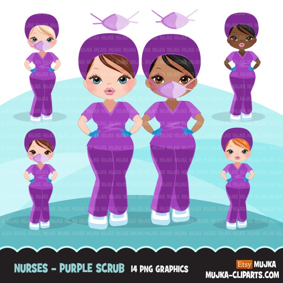 Nurse clipart with mask purple scrubs, hospital graphics, print and cut ...