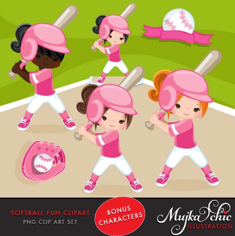 Softball Clipart. Pink Baseball Graphics Baseball Players - Etsy