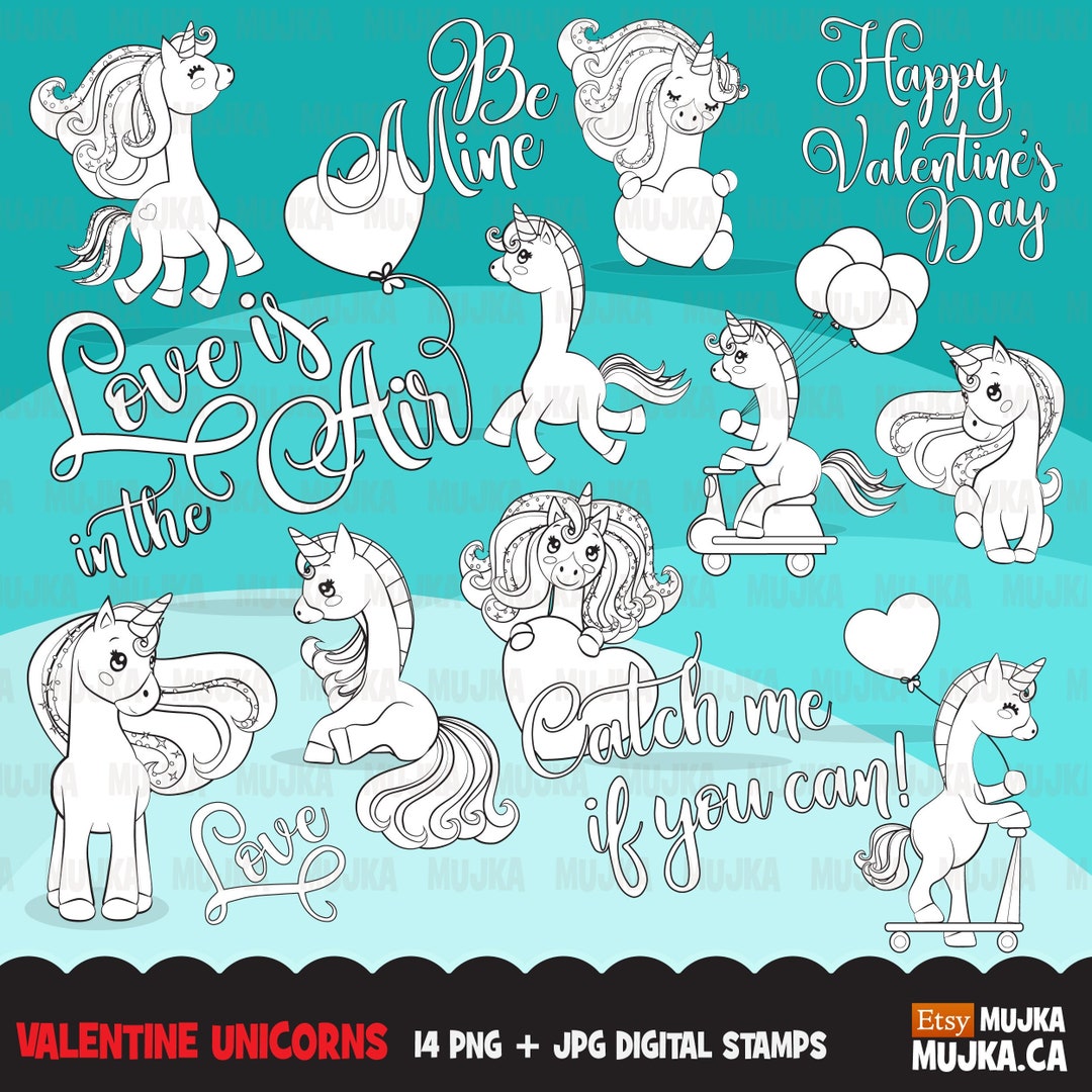 Valentine's Day Digital Stamps. Valentine Unicorns Graphics, Valentine ...