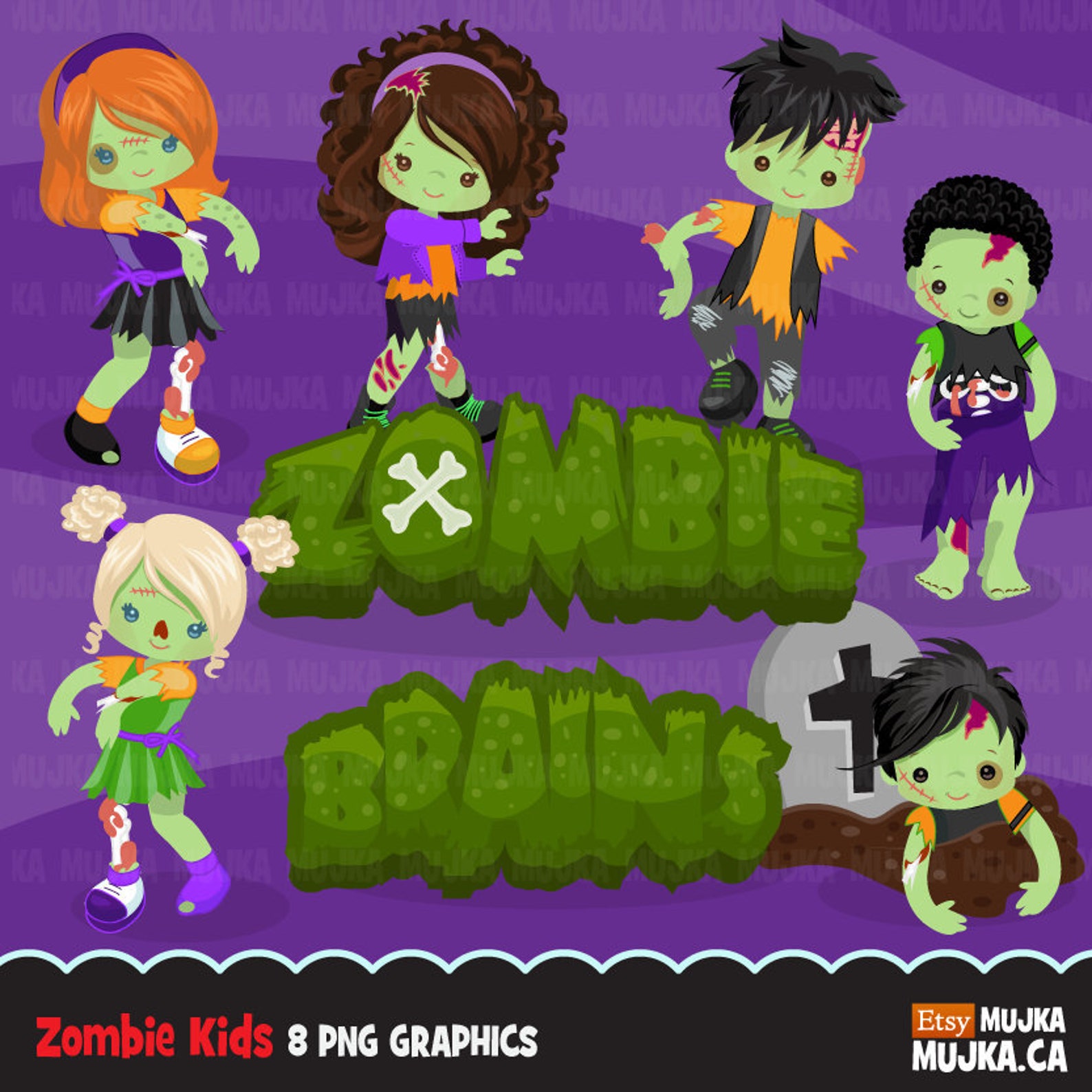 Halloween Zombie Kids Clipart. Cute Zombies Grave Rip - Etsy