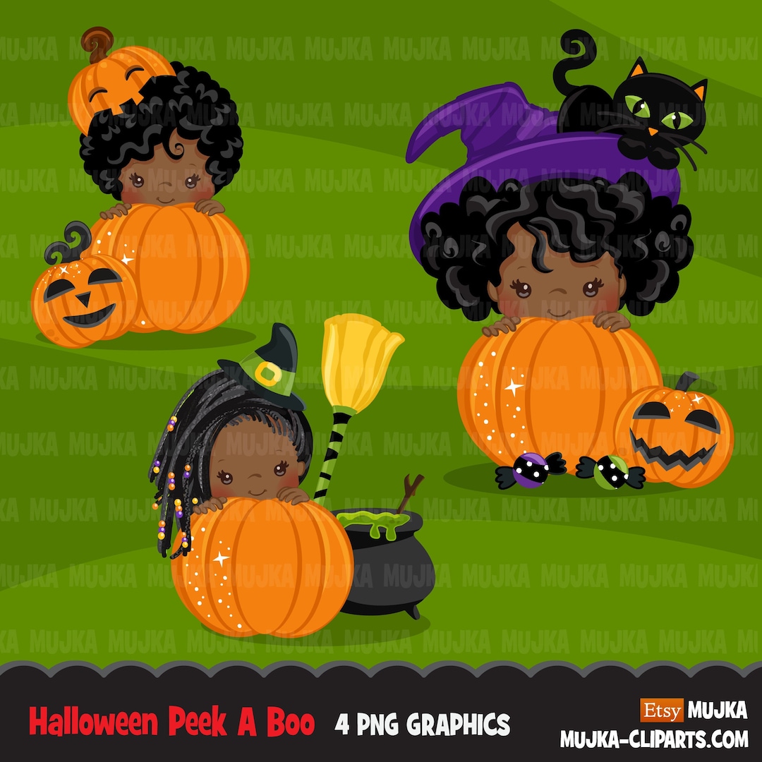 Halloween Peek a Boo Peeking Girls Clipart. Afro Black Cute Kids ...