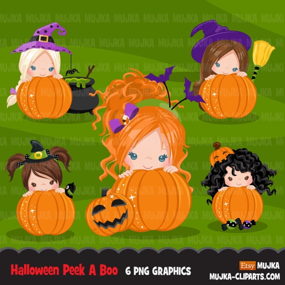 Halloween peek a boo peeking girls clipart. Cute kids peeking on ...