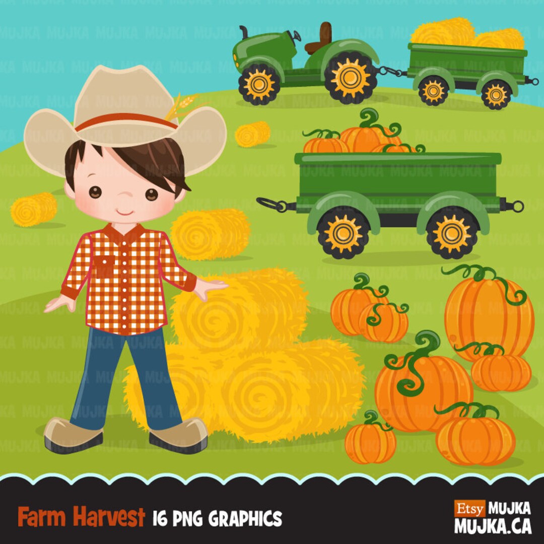 Farmer Clipart, Fall Farmers With Tractor, Cute Characters, Black ...