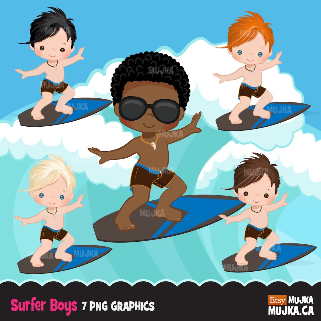 Surfer Boys Clipart, Surfing Characters, Black, Card Making, , Cookie ...