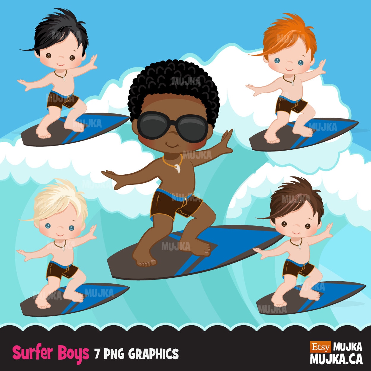 Surfer Boys clipart surfing characters black card making | Etsy