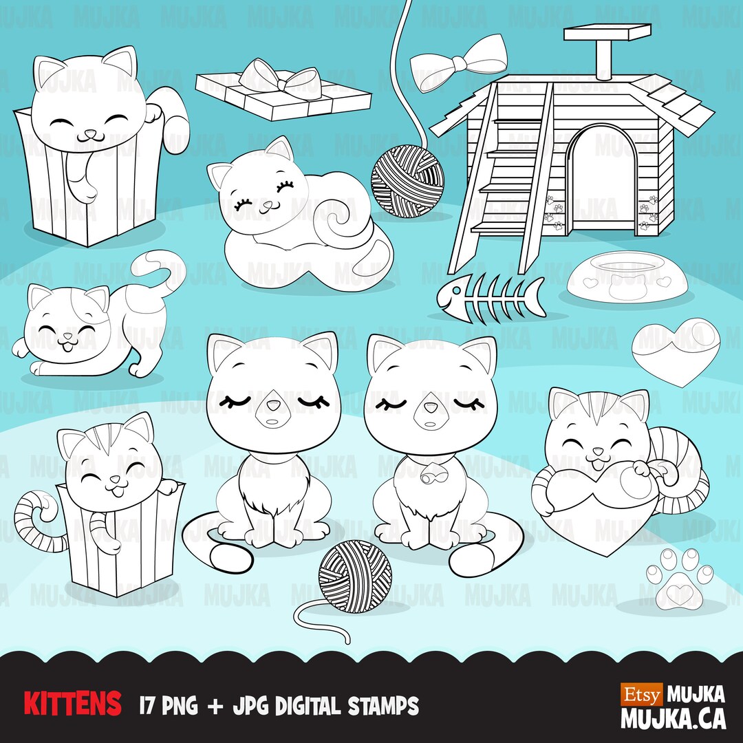Kittens, Cats Digital Stamps. Cute Graphics, Yarn, Fish Bone, Bowl ...