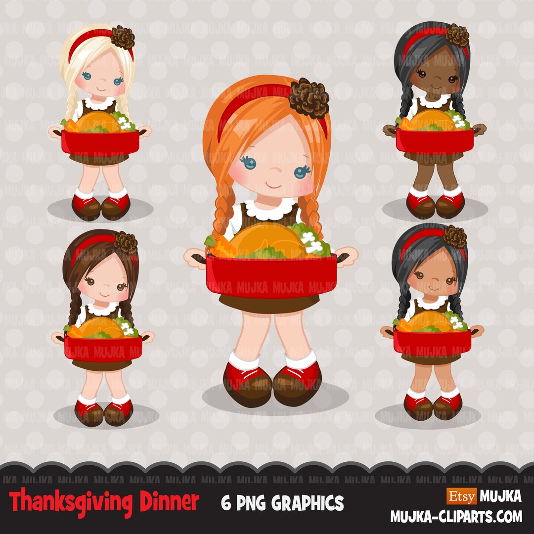 Thanksgiving Dinner Girls Clipart. Cute Thanksgiving Girl Holding ...