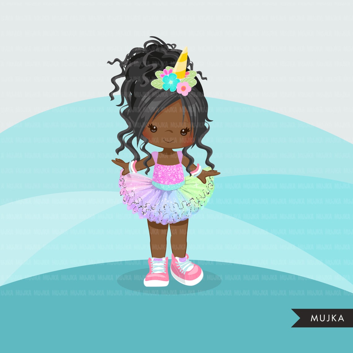 Rainbow Unicorn Tutu Clipart para niños negros. Chica con | Etsy
