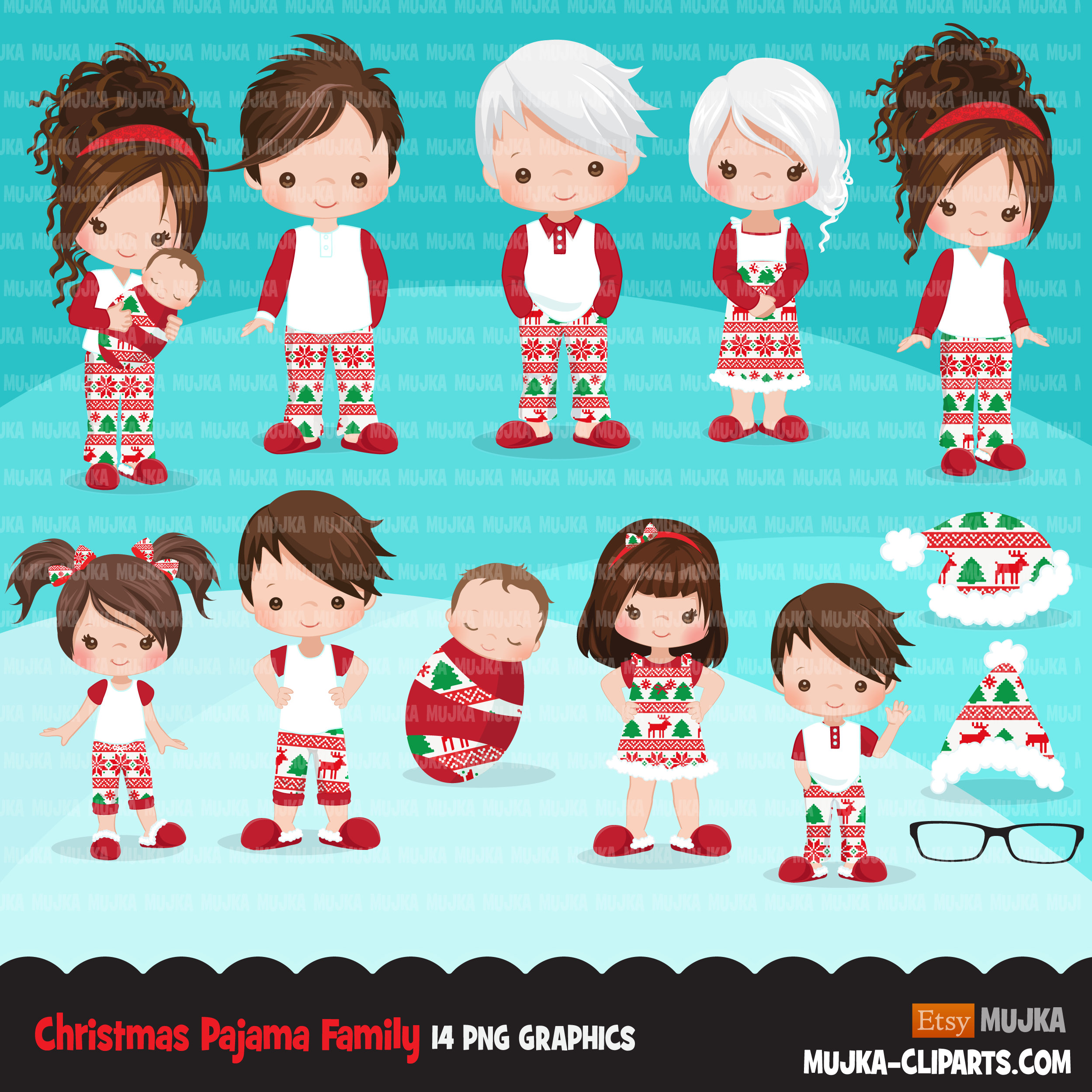 Christmas Pajama Clipart Bundle, Noel Illustrations, Pajama Family ...