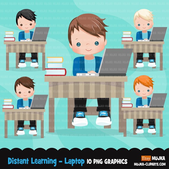 Distant Learning Clipart, Boys with laptop, home schooling, student ...