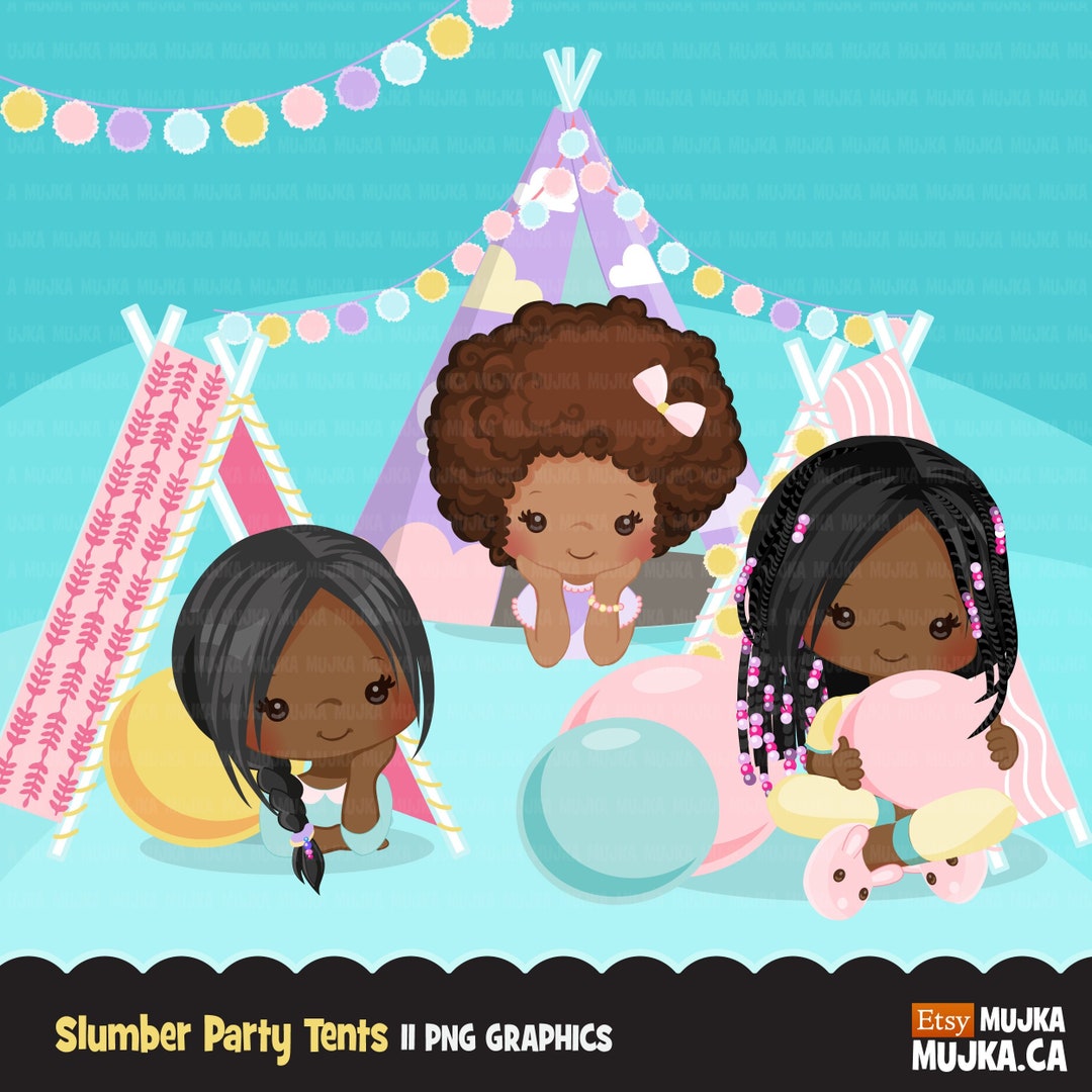 Slumber Party Clipart, Sleepover Tents, Movie Night, Pajama Party, Card ...