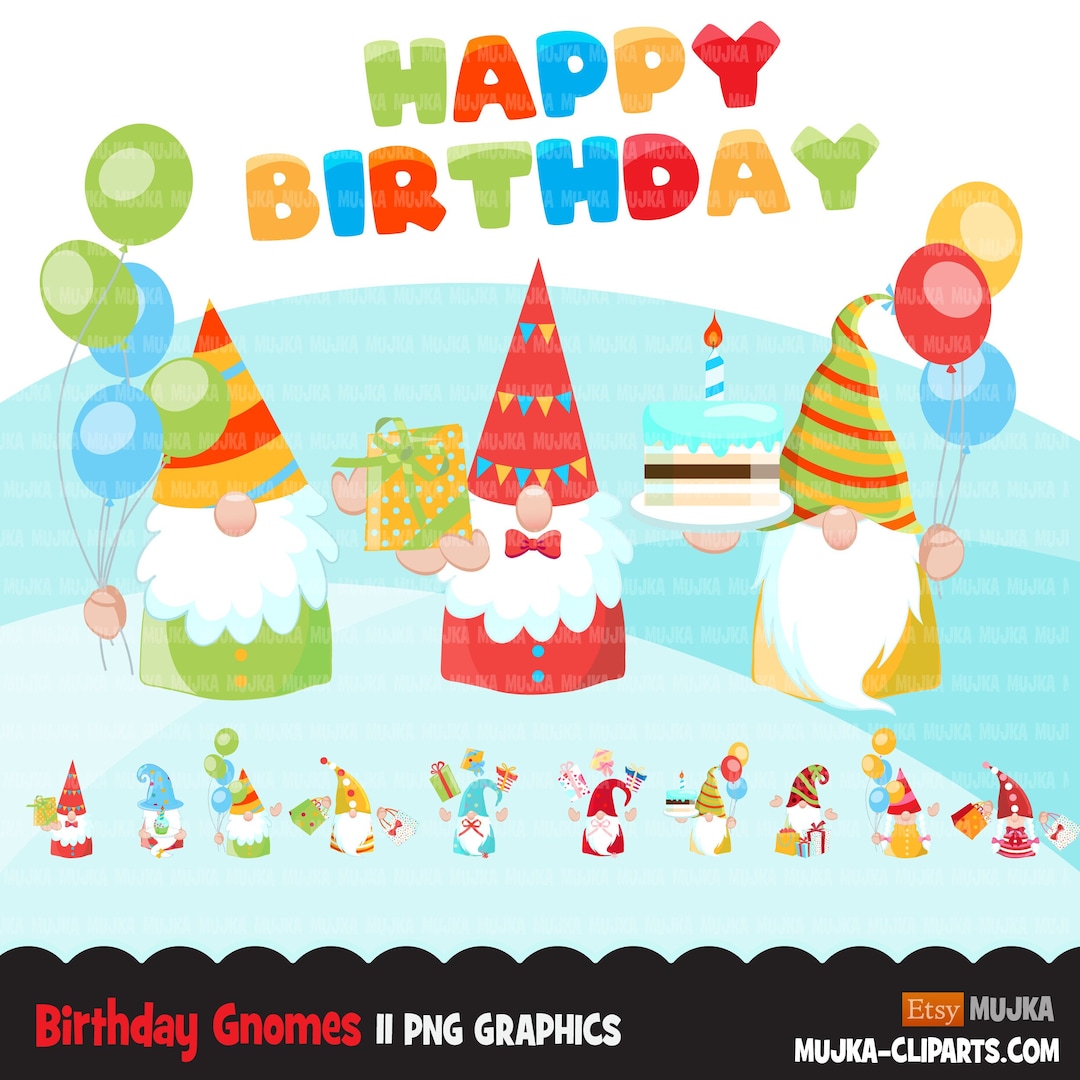 Birthday Gnomes Clipart, Birthday Graphics, Colorful Party Gnome ...