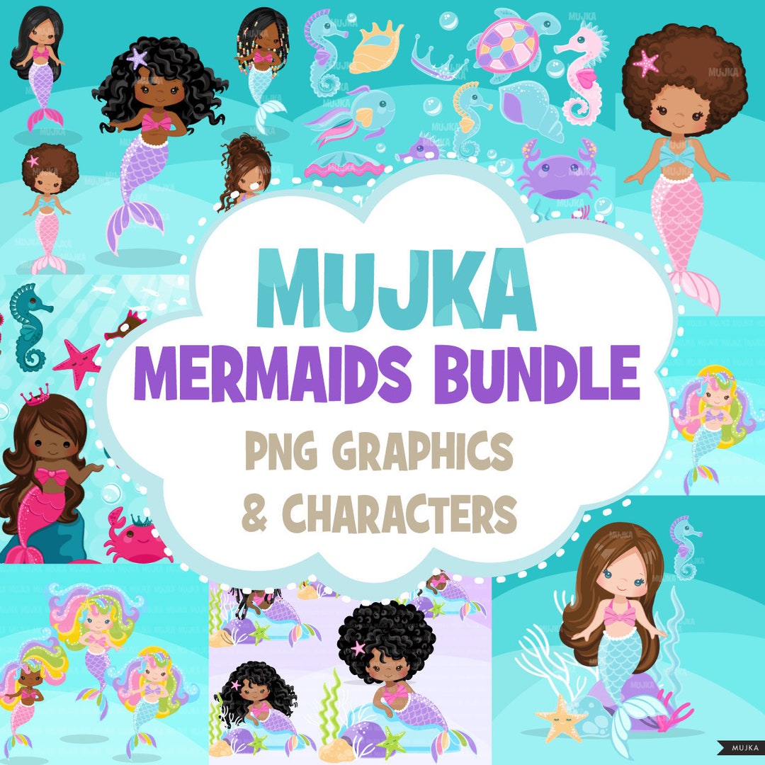 Mermaid Clipart Bundle, Under Sea Animals, Mermaid Png, Black Mermaid ...