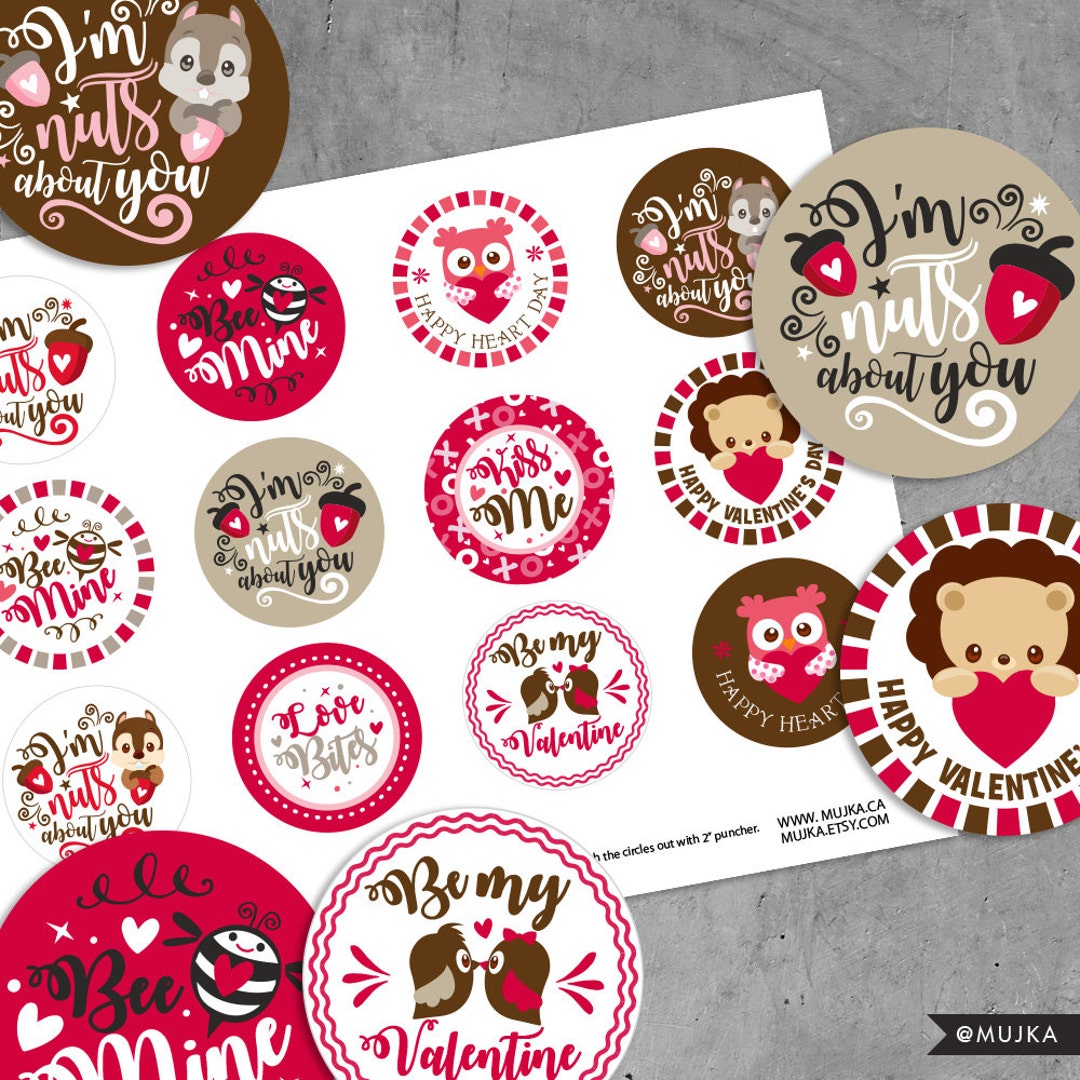 Valentine's Day Stickers. Digital Printable Valentine Round Stickers ...